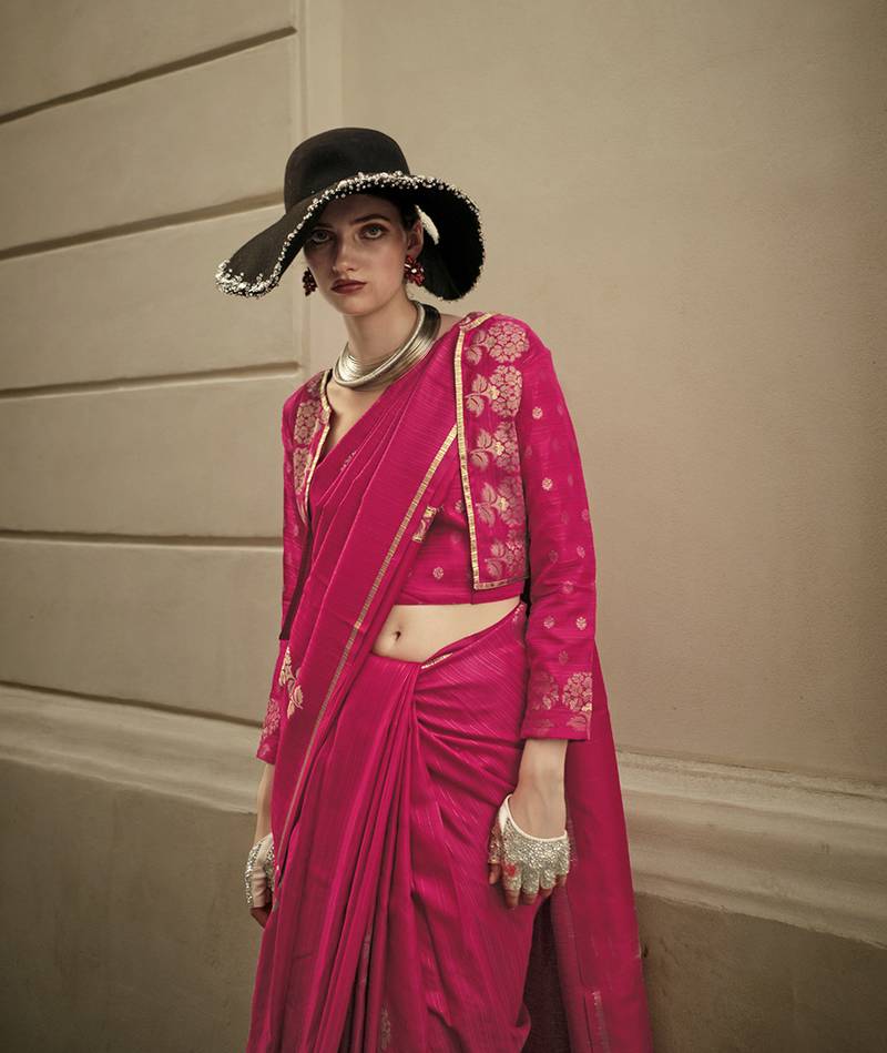 Rani pink color satin weaving work saree with blouse - Monjolika - 4197721