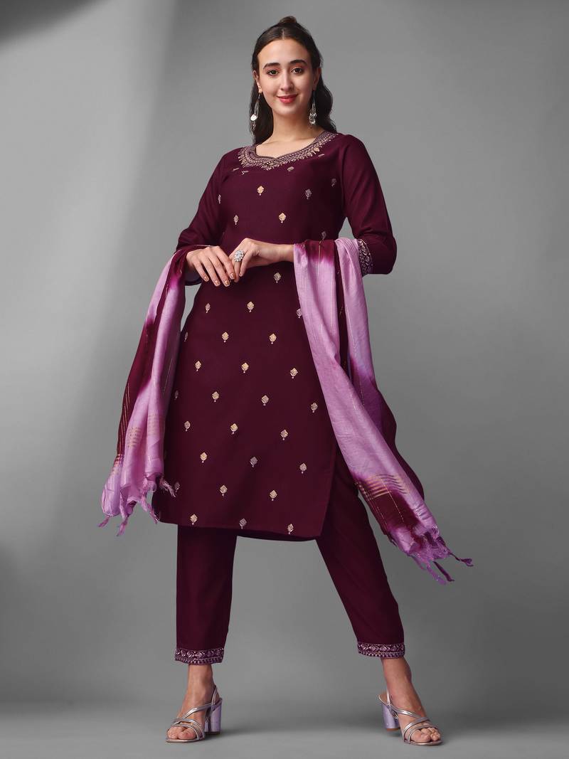 Wine Sequin Embroidered Work Viscose Rayon Blend Fabric Straight Kurta ...