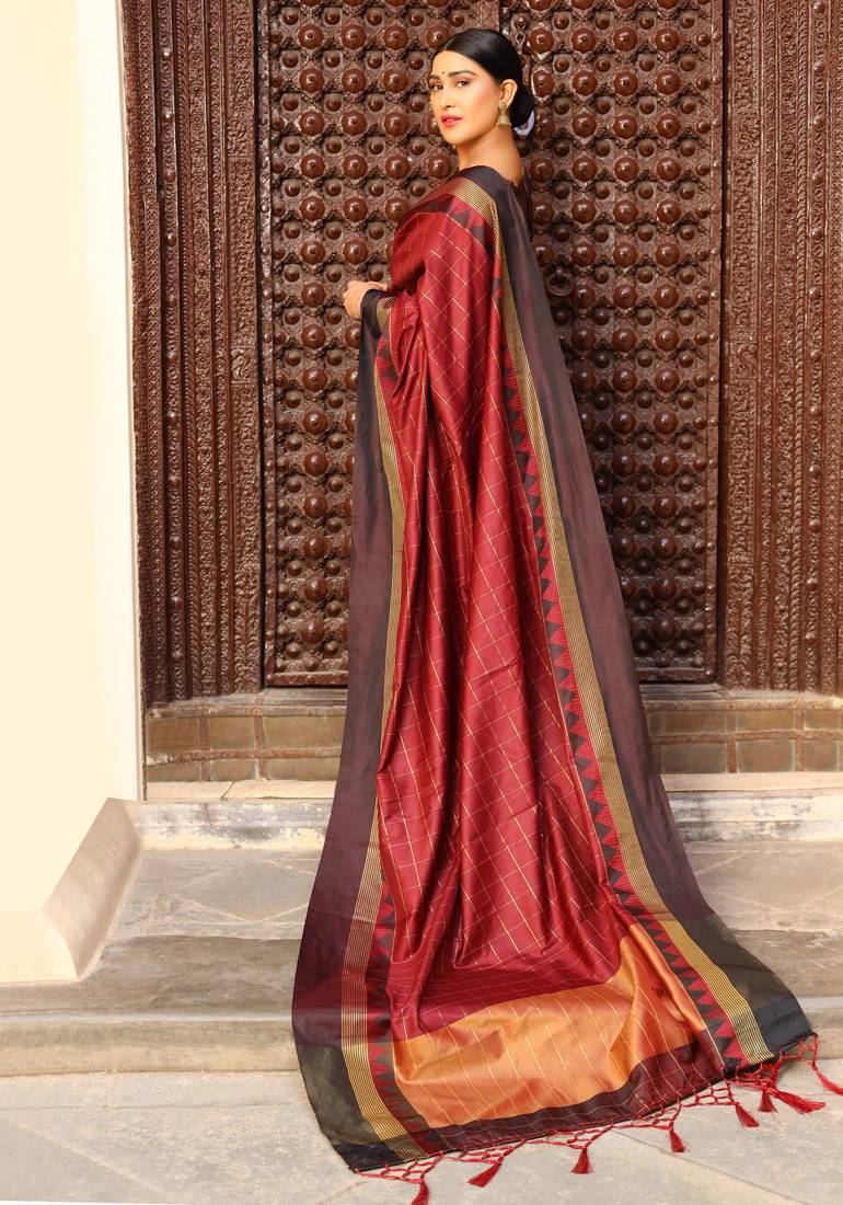 Maroon checks zari woven raw silk designer saree with blouse - AASTHA ...