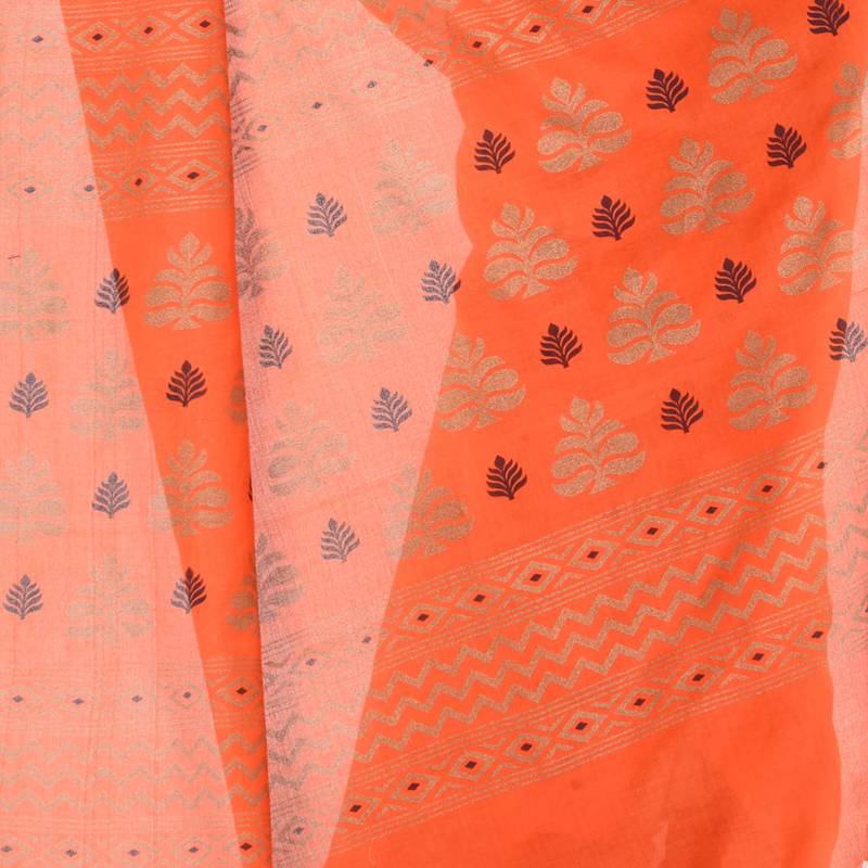 handspun cotton orange handloom print saree - Piyari Fashion - 4198146