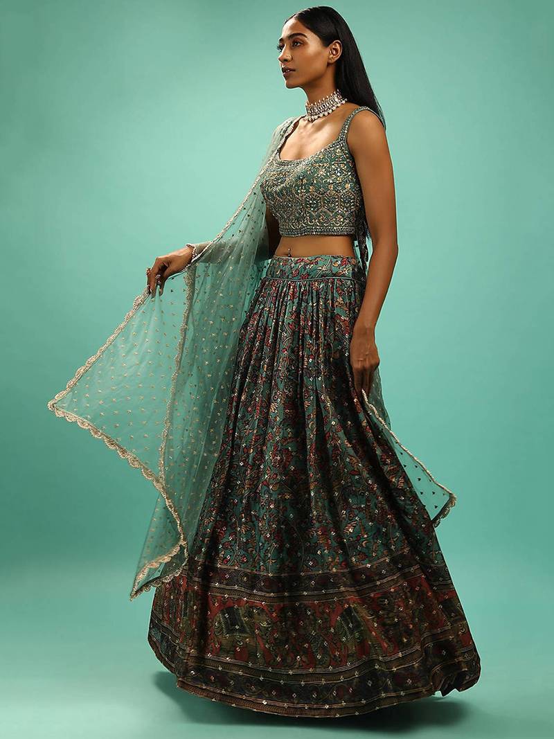 Green Silk Embroidered Handwork Lehenga Choli and Dupatta Set - Tulsi ...