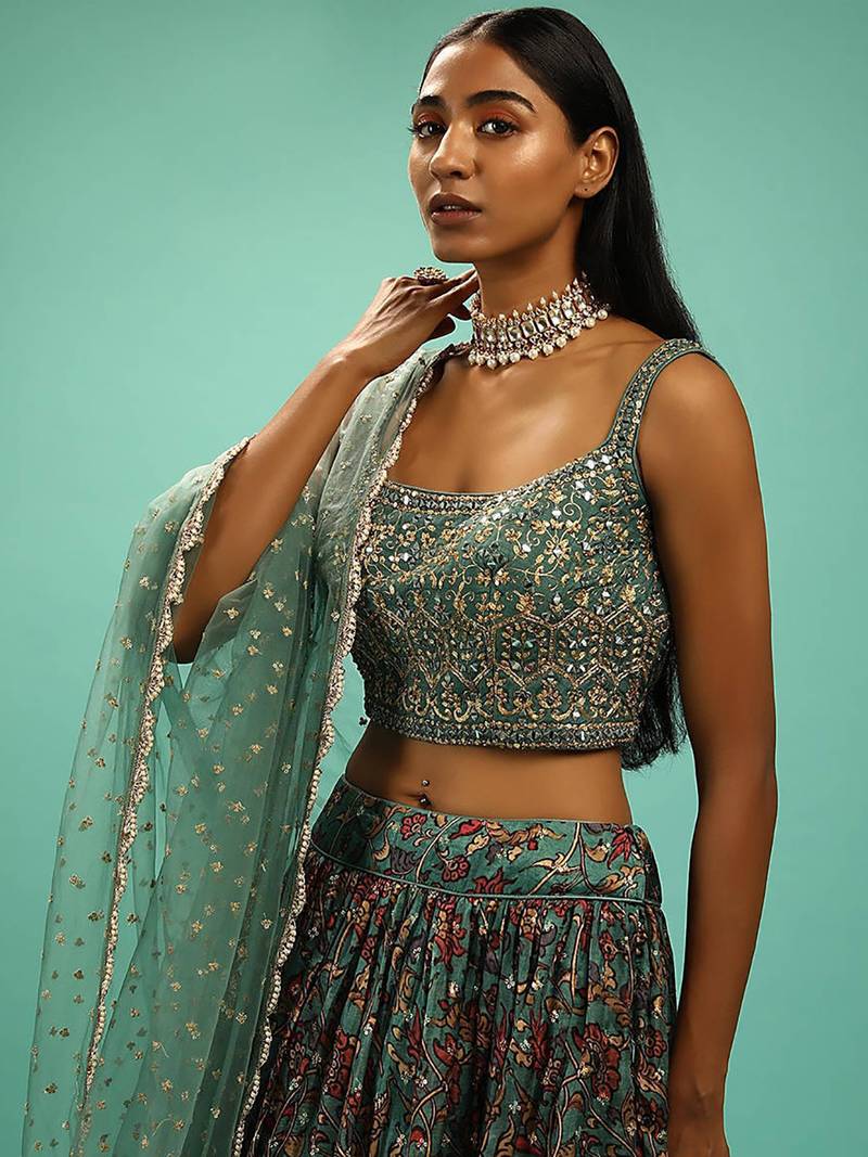 Green Silk Embroidered Handwork Lehenga Choli and Dupatta Set - Tulsi ...