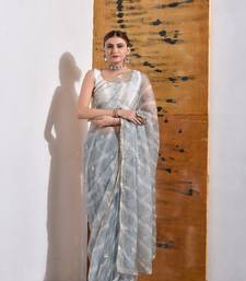 Grey handcrafted Organza Tissue Saree - Sutra Attire - 4198994