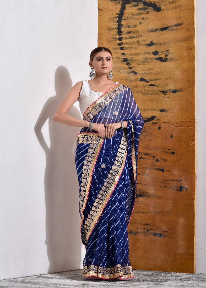 Navy Blue Chiffon Leheriya Saree with Gota Patti - Sutra Attire - 4199002