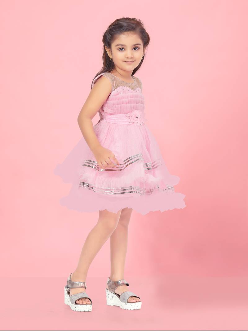 Aarika girls pink colour embellished net frock - Aarika - 4201364