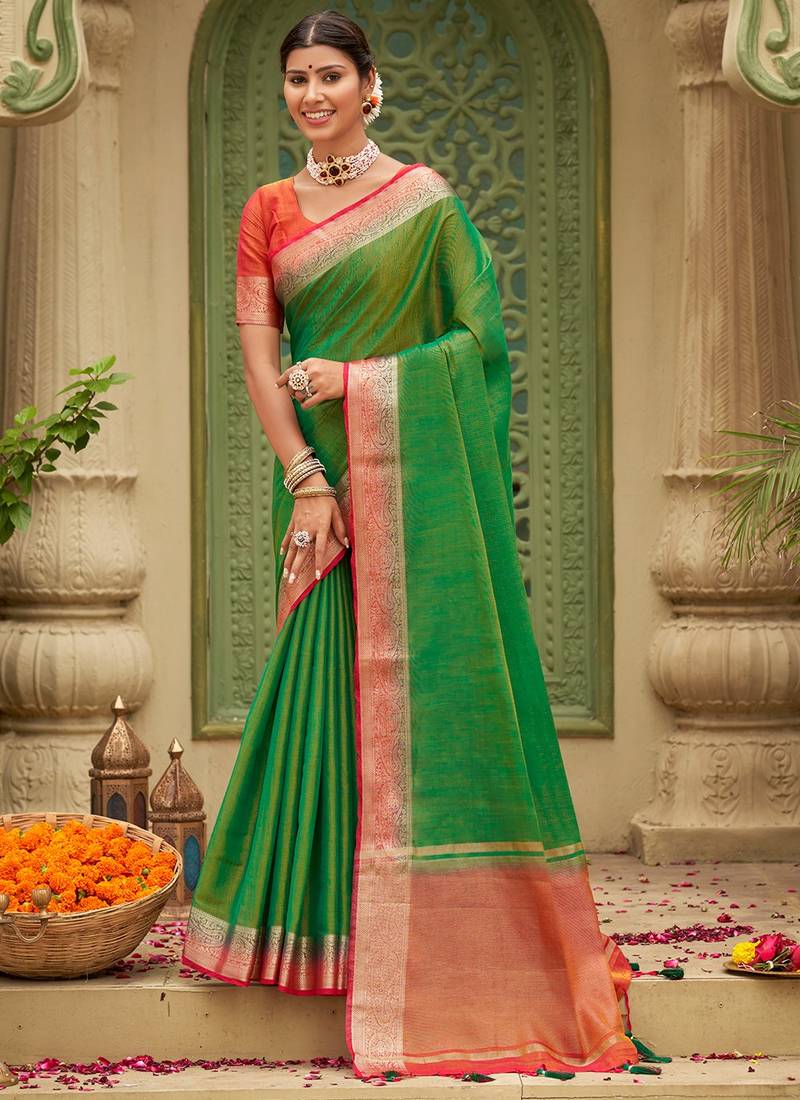 Ethnic Green Colour Traditional Tussar Silk Zari Woven Saree - KSM ...