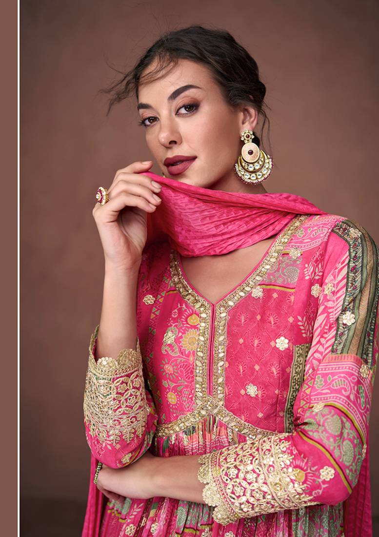 Rani pink color printed organza silk floor length anarkali suit ...