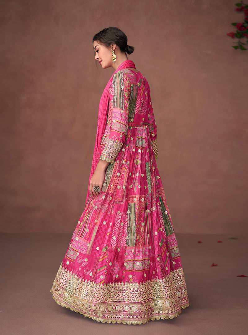 Rani pink color printed organza silk floor length anarkali suit ...