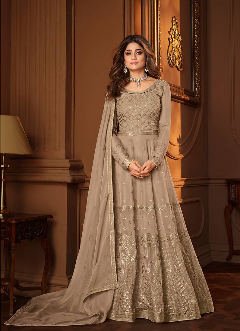 Chikoo color pure georgette embroidered anarkali suit - Hirpara House ...