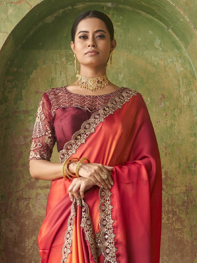 Gorgeous Red Orange Sequined Satin Festival Wear Saree With Blouse ...