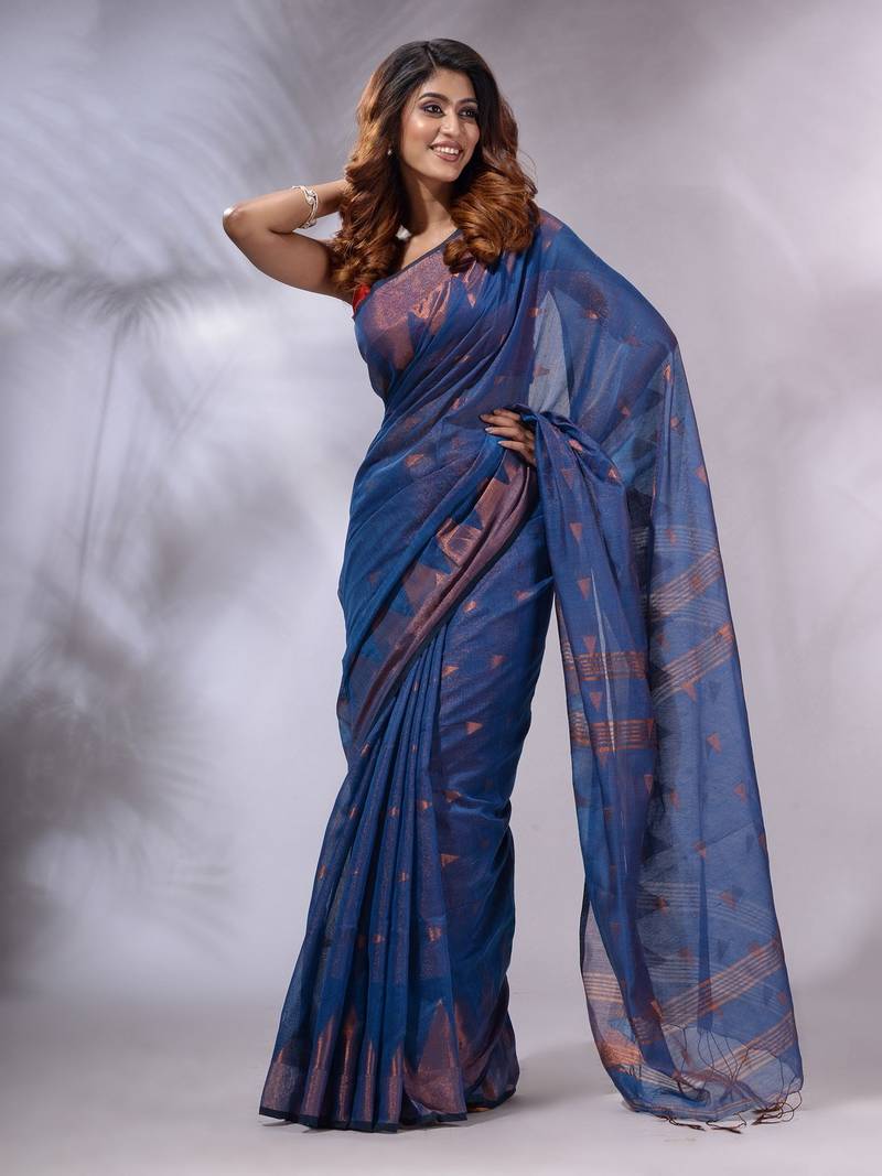 Blue Tissue Handwoven Soft Saree With Geometric Designs - Charukriti ...