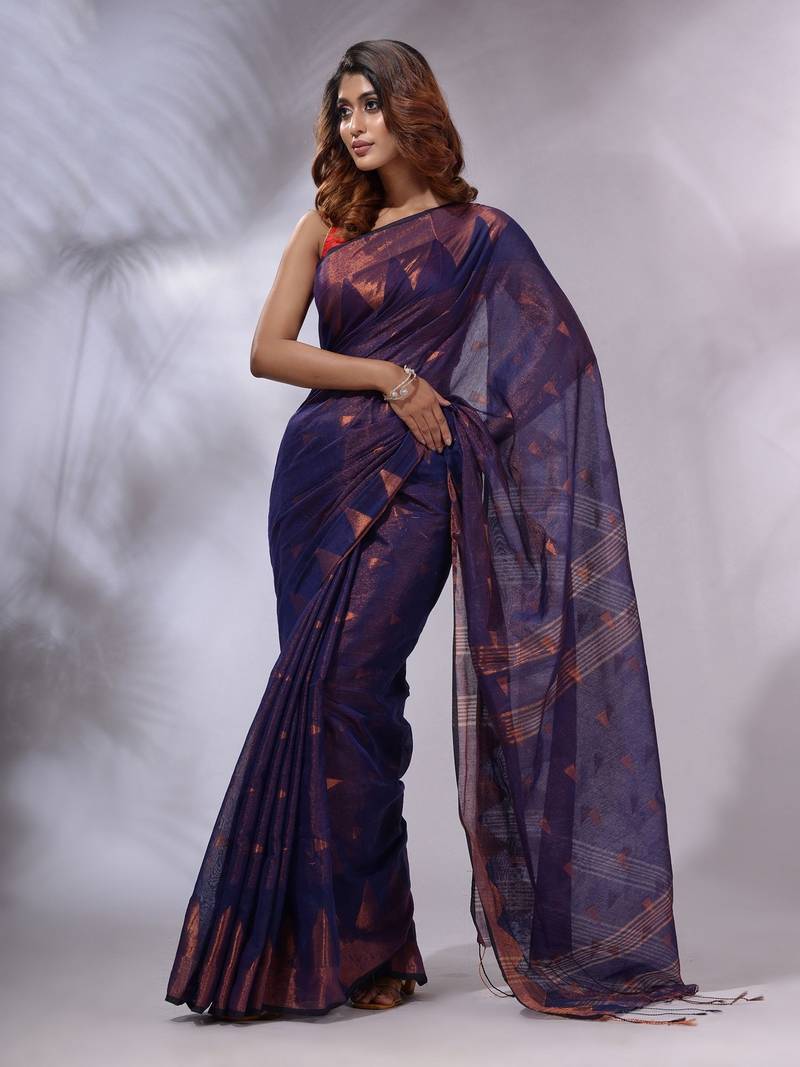 Navy Blue Tissue Handwoven Soft Saree With Geometric Designs ...