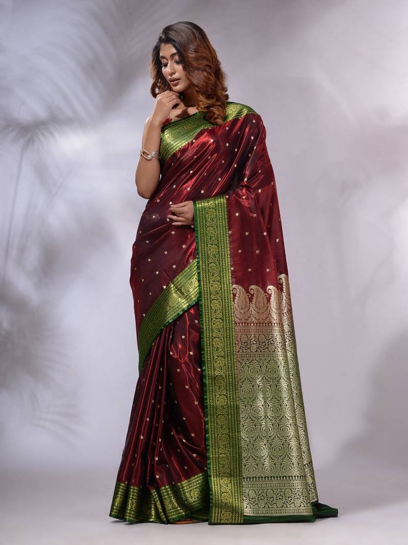Maroon And Green Silk Blend Handwoven Saree With Ethnic Buttas And ...