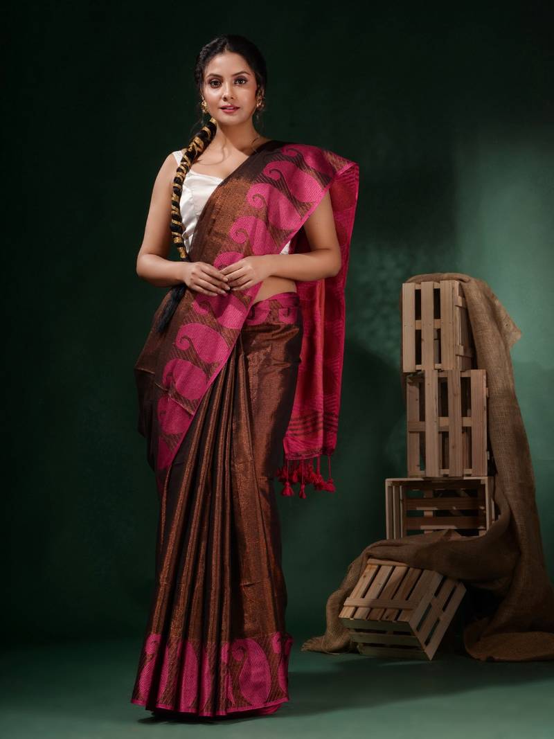 Copper Tissue Handwoven Saree With Paisley Borders - Charukriti - 4209964