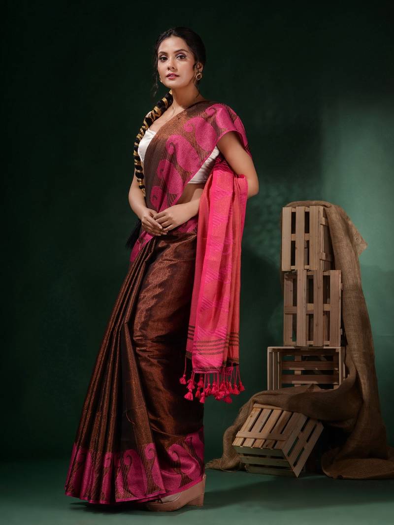 Copper Tissue Handwoven Saree With Paisley Borders - Charukriti - 4209964