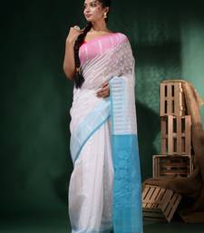 White And Sapphire Blue Handwoven Cotton Jamdani Saree With Woven ...