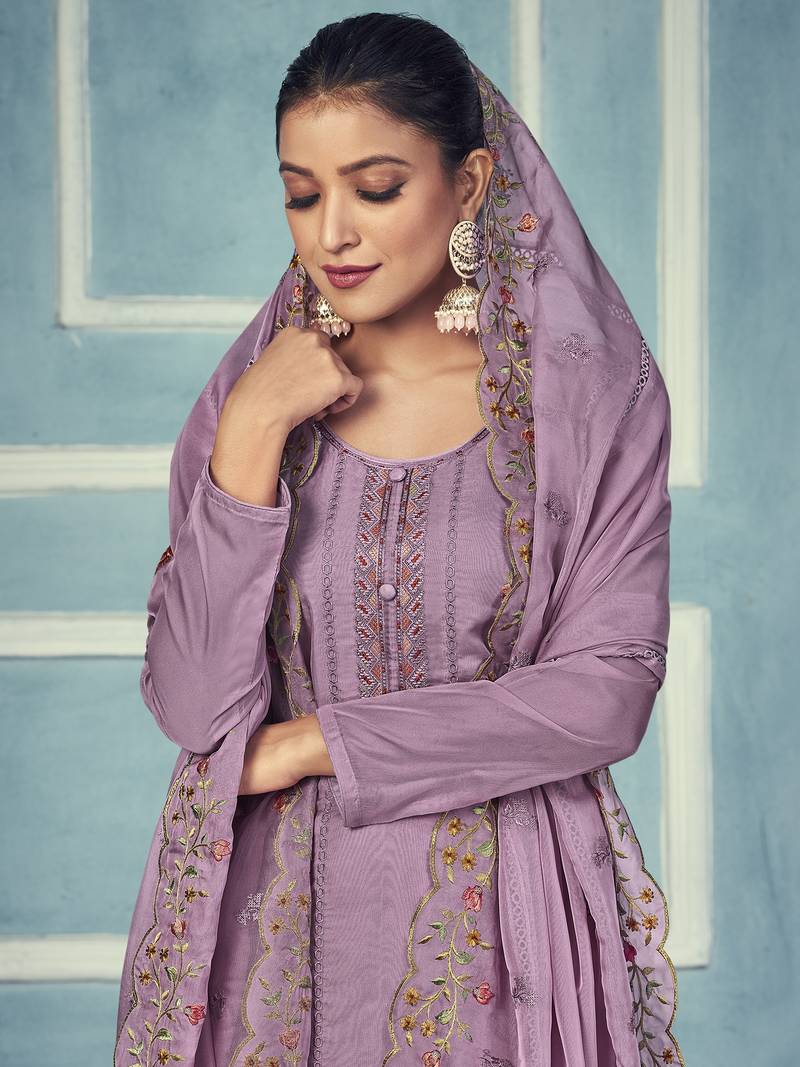 Stylee lifestyle mauve organza embroidered dress material - Stylee ...