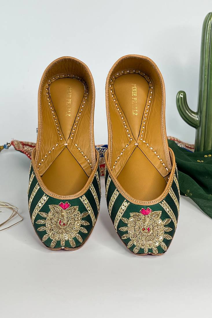 MORBAGH: Hand embroidery Punjabi Jutti - Emerald Green - Dabka and ...