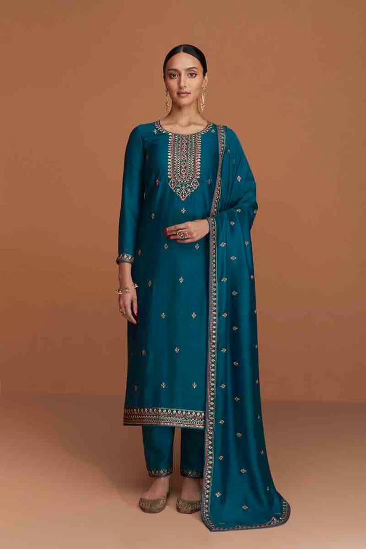 Dark teal color premium silk embroidered designer suit - Hirpara House ...