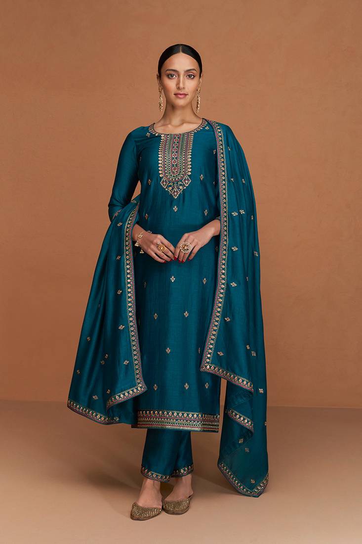 Dark teal color premium silk embroidered designer suit - Hirpara House ...