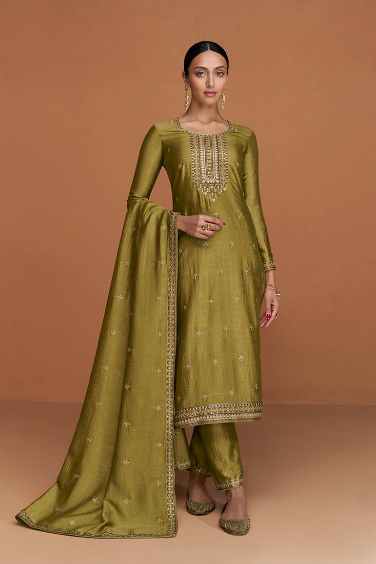 Olive color premium silk embroidered designer suit - Hirpara House ...