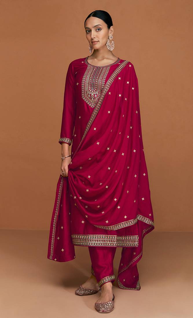 Crimson color premium silk embroidered designer suit - Hirpara House ...