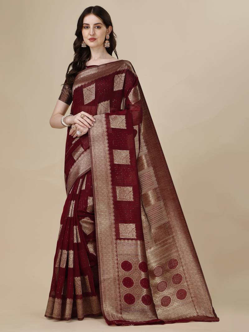 Maroon Colour Cotton Linen Woven Designer Saree With Sequins Work - KSM ...