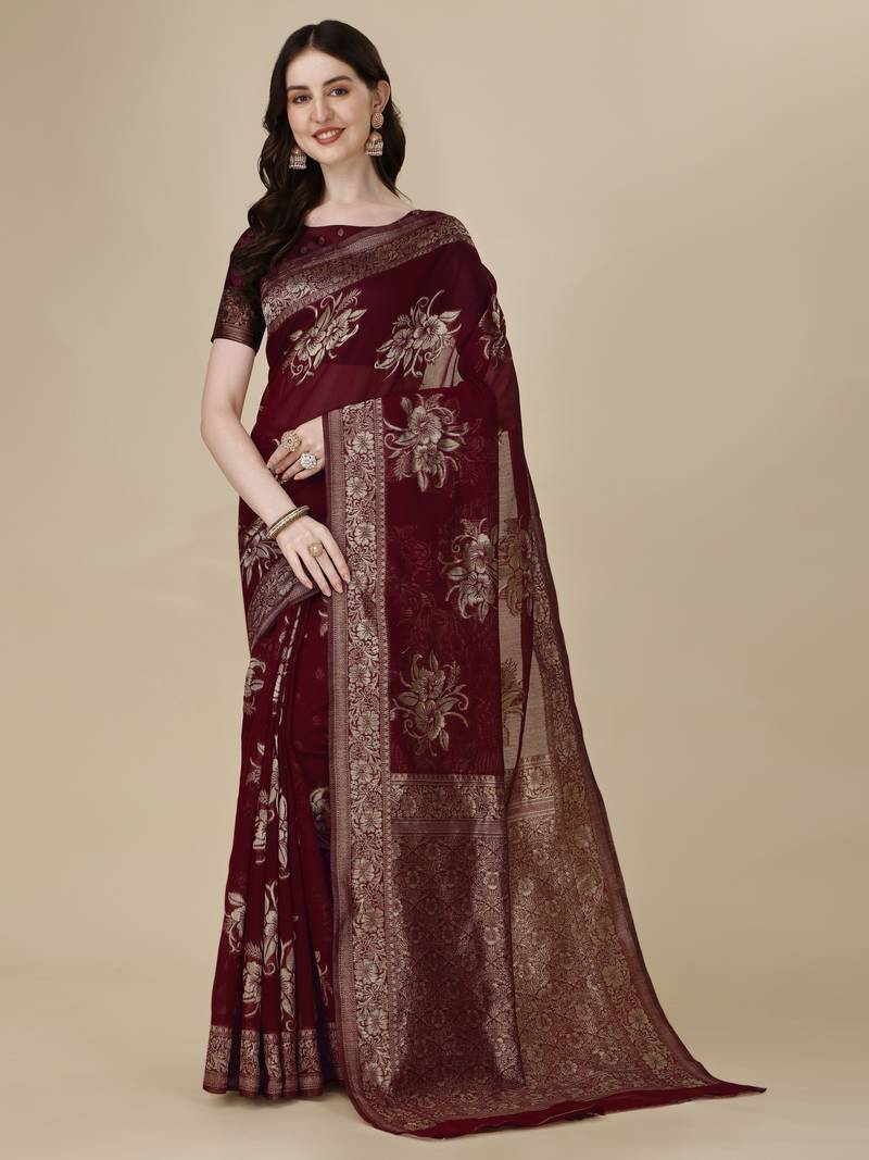 Designer Jari Woven Maroon Colour Ethnic Looks Festive Looks Saree ...
