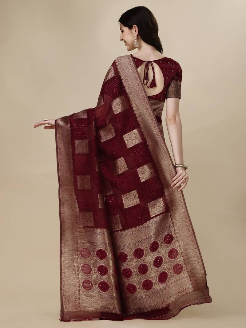Maroon Colour Cotton Linen Woven Designer Saree With Sequins Work - KSM ...