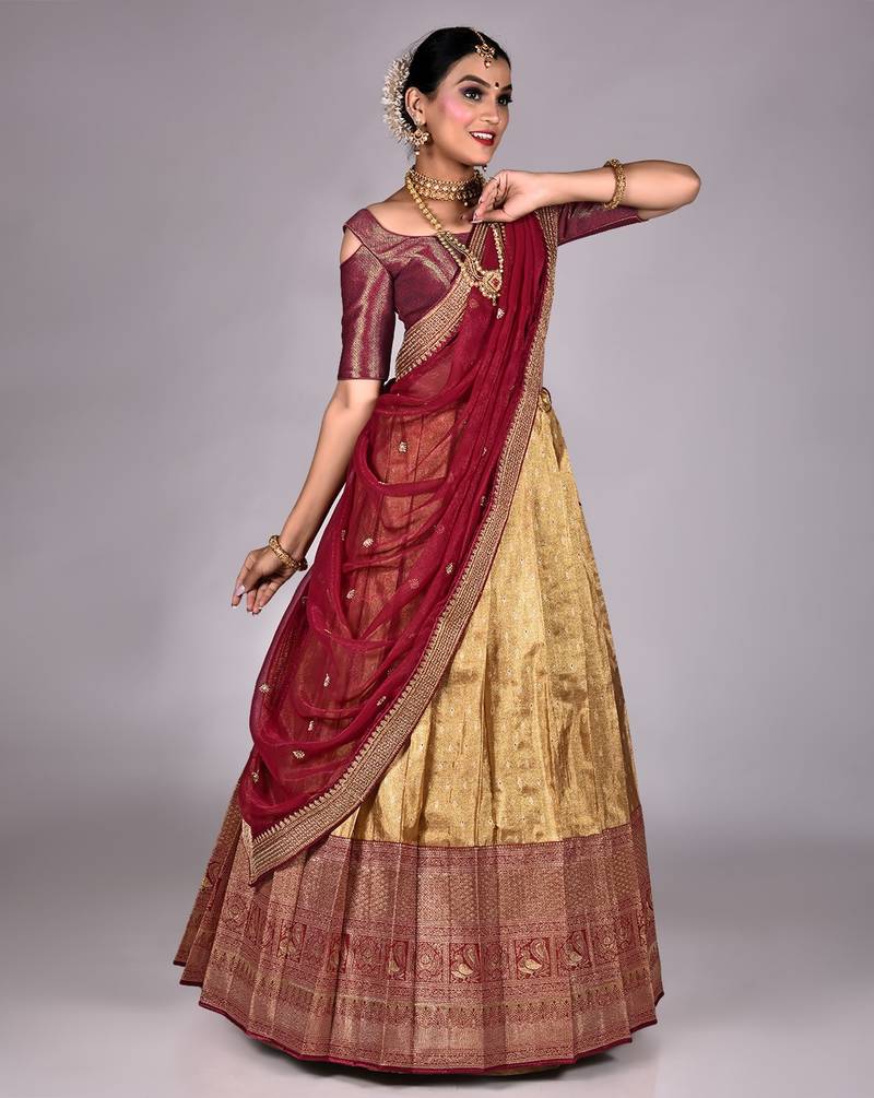GOLD & MAROON BANARASI SILK LEHENGA WITH ZARI WORK FOR WOMEN ...