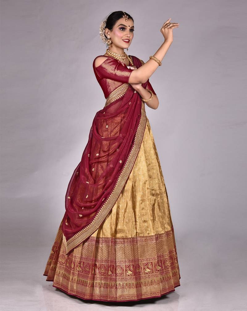 GOLD & MAROON BANARASI SILK LEHENGA WITH ZARI WORK FOR WOMEN ...