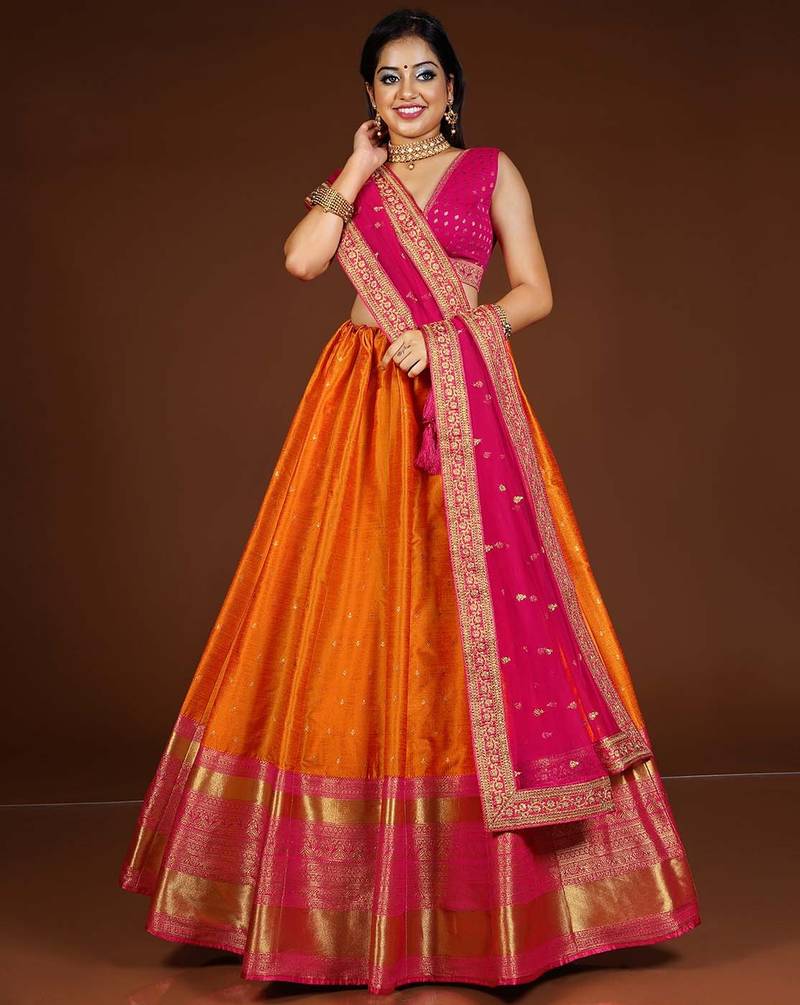EMBELLISHED ORANGE COLOUR BANARASI SILK SEMI-STITCHED HALF SAREE WITH ...