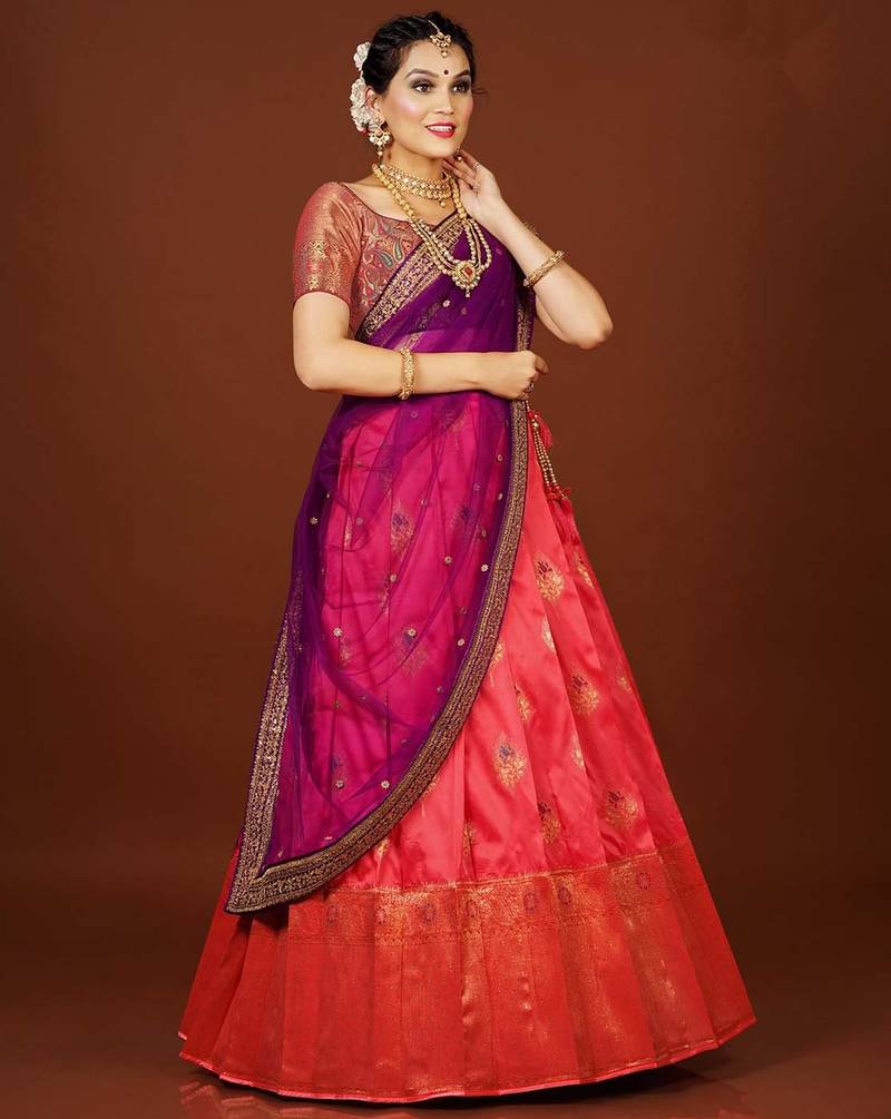 GAJARI COLOUR BANARASI SILK HALF SAREE - HALFSAREE STUDIO - 4213983