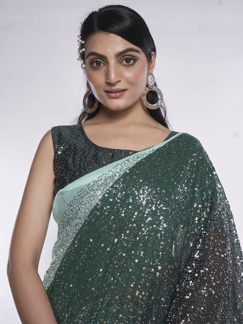 GREEN TWO TONE COLOR SEQUINEED WORK DESIGNER SAREE WITH BLOUSE ...