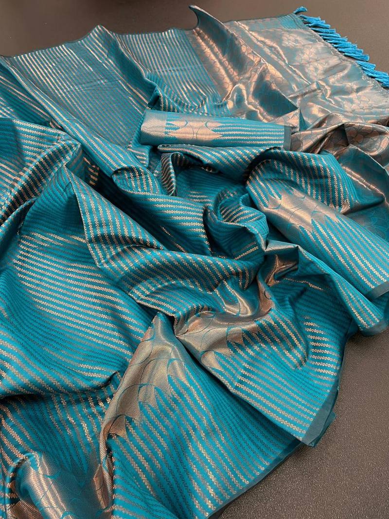 CYAN TRENDY GOREGOUS KANJIVARAM SILK SAREE - Mr & Mrs Creation - 4214347