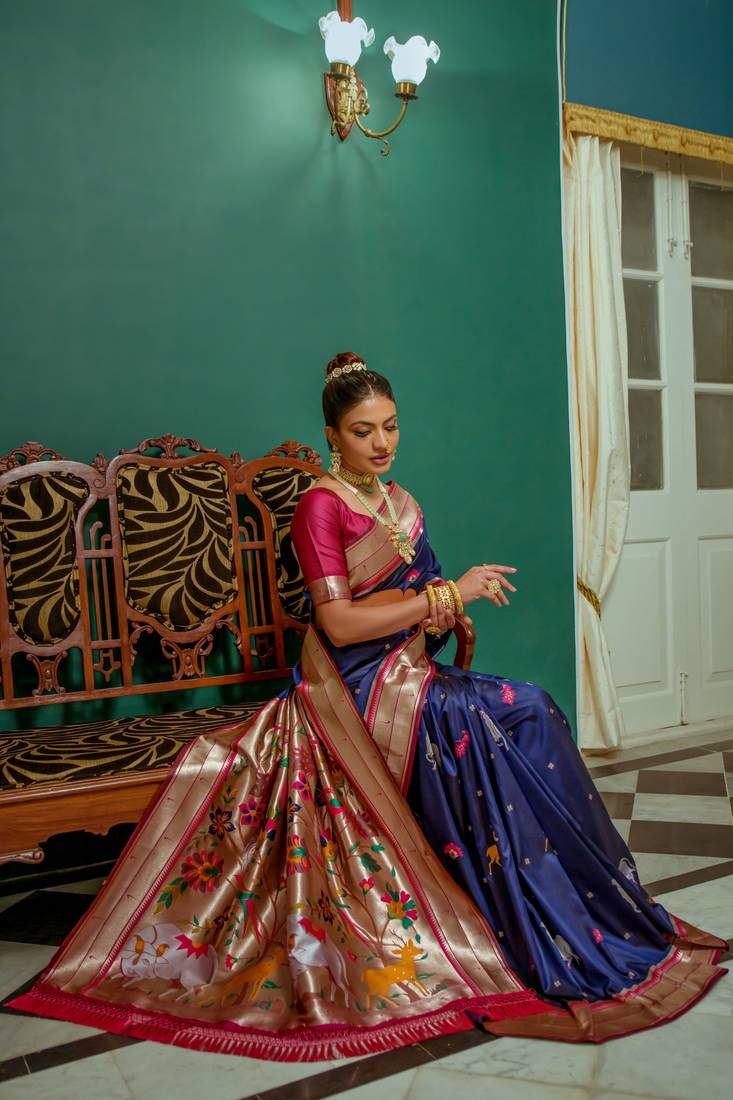 NAVY BLUE MOST TRENDY BANARASI PRETTY SAREE - Mr & Mrs Creation - 4215437