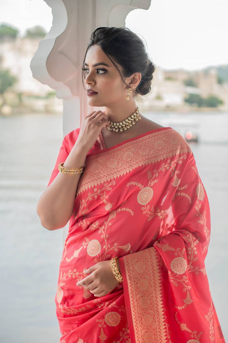 PEACH FANCY PRETTY SILK SAREE - SHREE SAI TRADING - 4216674