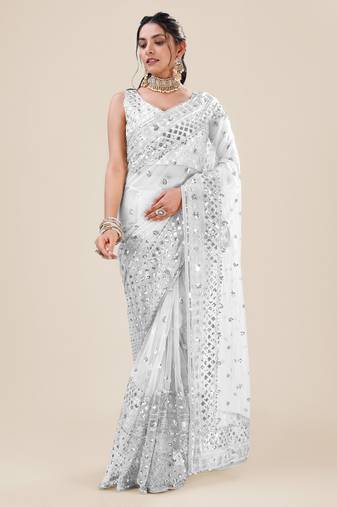 Mirraw Silver Sarees – Buy Designer Silver Sarees with Zari Border Online