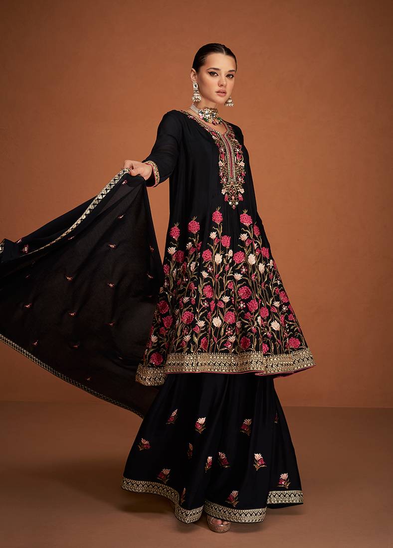 Black color georgette stitched embroidered sharara suit - Hirpara House ...