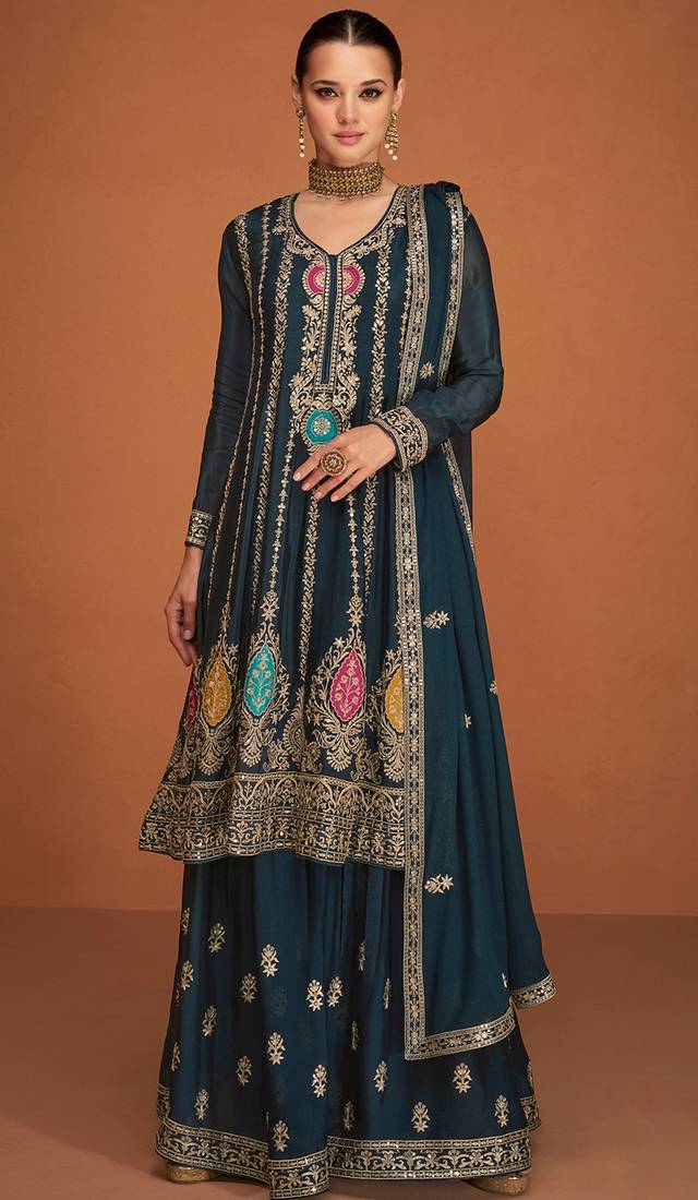 Dark bottle green color georgette stitched embroidered sharara suit ...