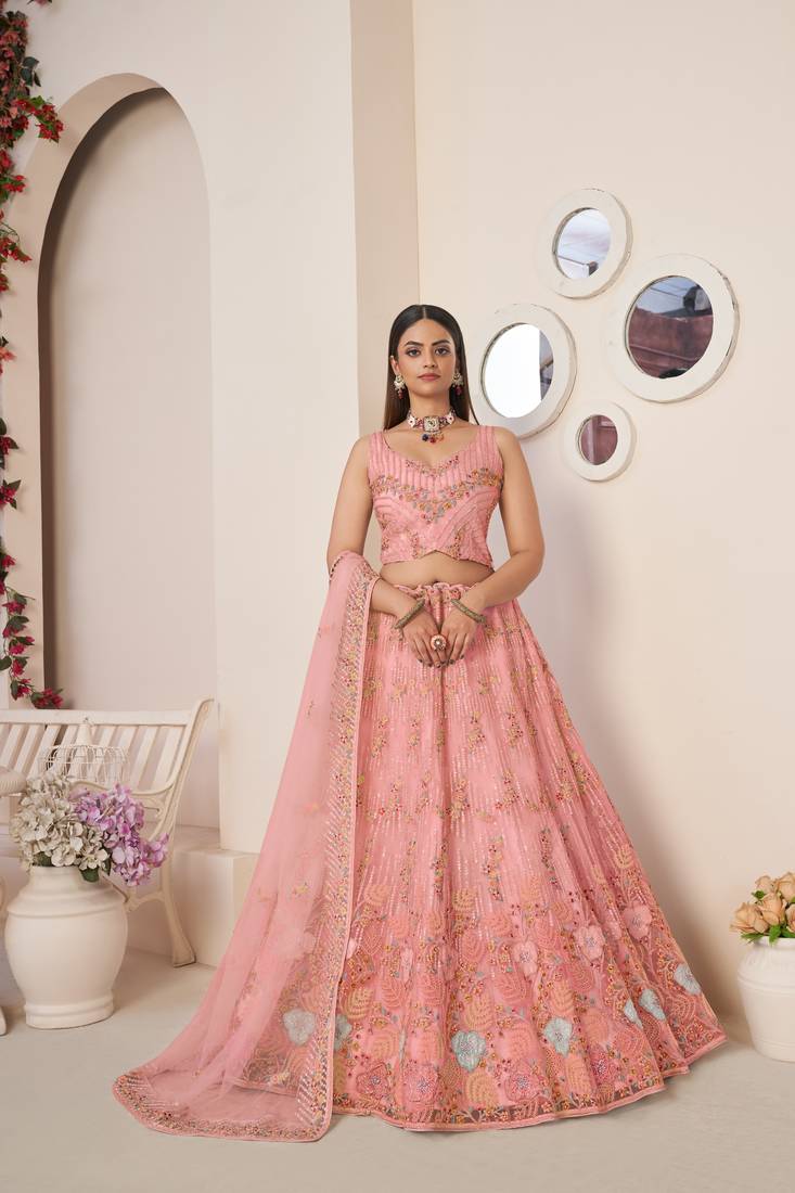 PINK BROIDERED BEAUTIFUL BRIDESMAID SEMI STITCHED LEHENGA - KESAR FAB ...