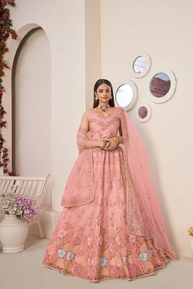 PINK BROIDERED BEAUTIFUL BRIDESMAID SEMI STITCHED LEHENGA - KESAR FAB ...
