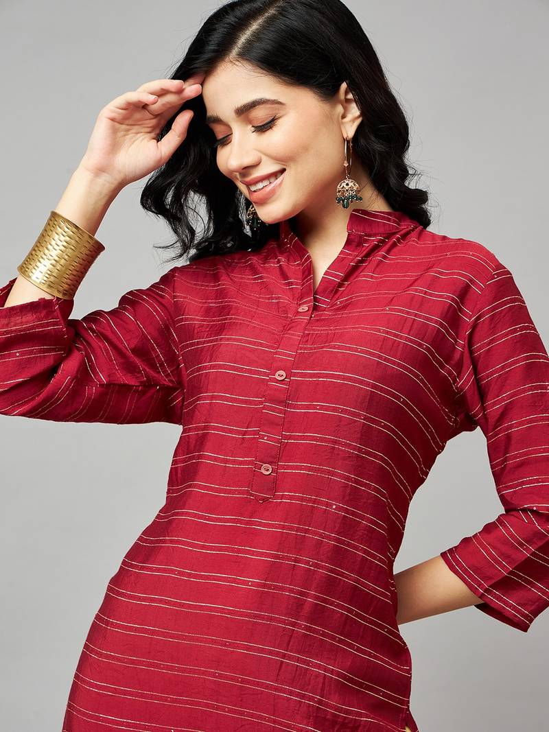Red Poly Cotton Texture Straight Kurta - MOHVOGUE - 4228720