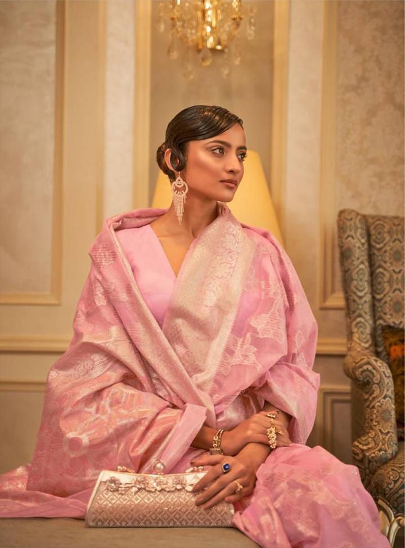 Kimisha women's pink silk woven saree with unstitched blouse piece ...