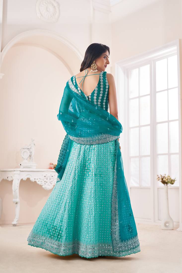 TURQUOISE THREAD EMBROIDERY VELVET SEMI STITCHED LEHENGA - KESAR FAB ...