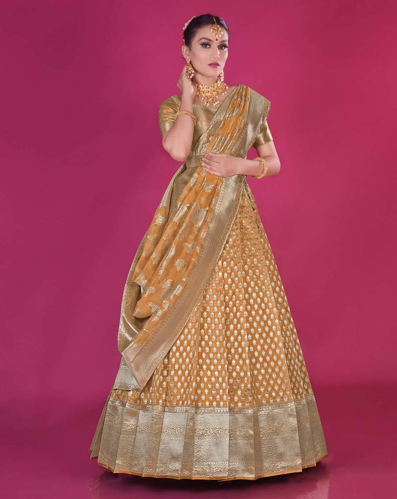 Gold Banarasi Jacquard Lehenga with Zari Woven - HALFSAREE STUDIO - 4230604