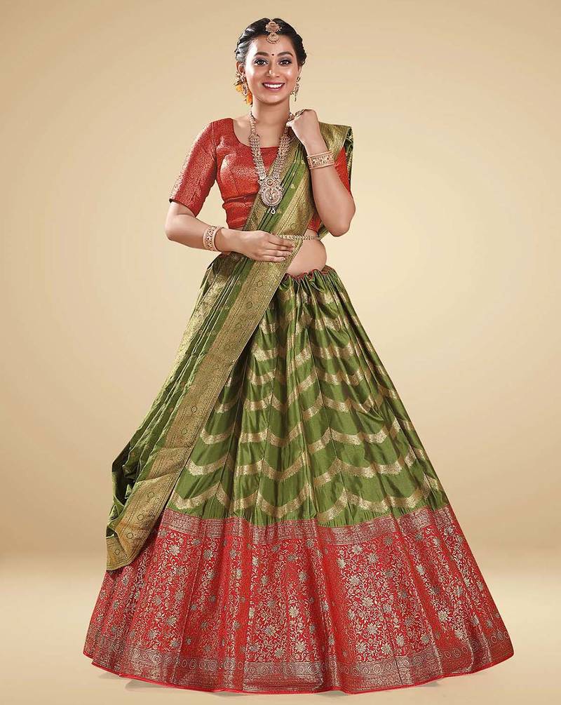 Banarasi Silk Lehenga in Red and Mehendi Colour - HALFSAREE STUDIO ...