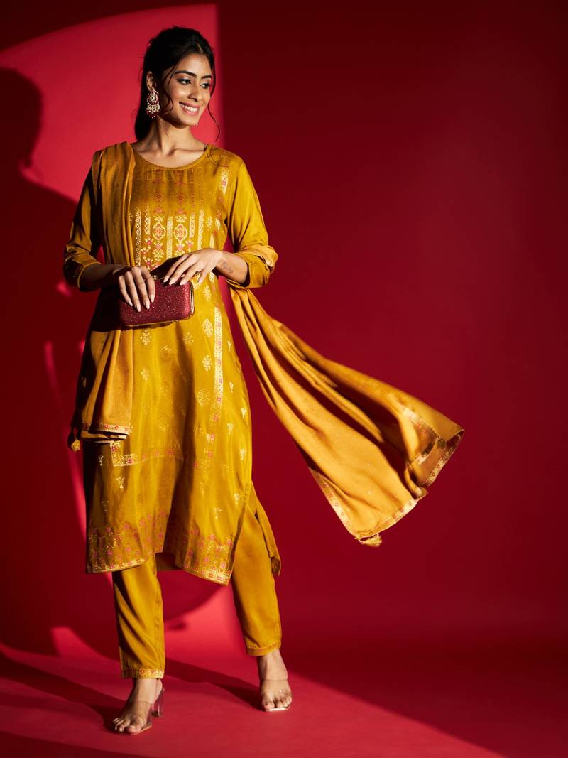 Women's Mustard Silk Blend Jacquard Ethnic Motifs Zari Worked Straight ...