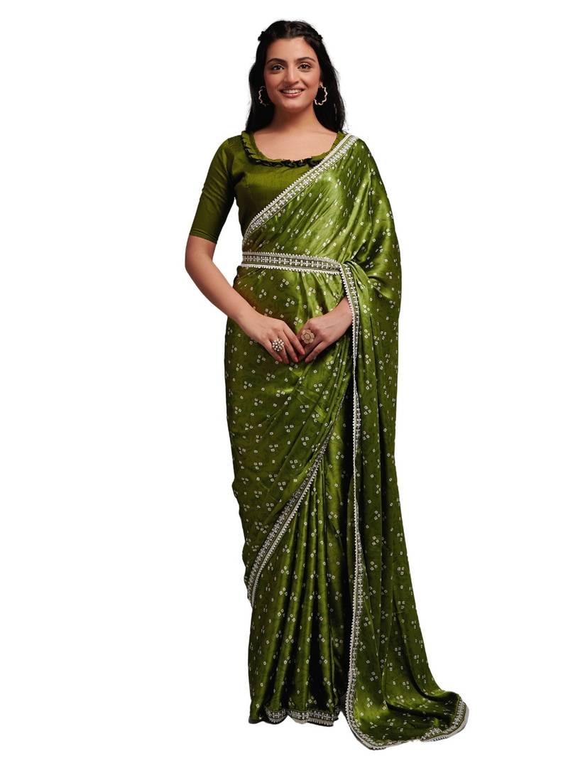 Mahendi Solid Accordian Pleat Ruffles Japan Satin Saree with ...