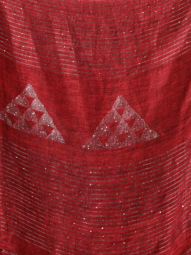 Red Linen Sequin Work Handwoven Saree - Angoshobha - 4237879